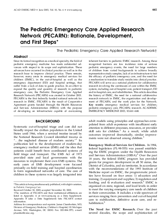 (PDF) The Pediatric Emergency Care Applied Research Network (PECARN): Rationale, Development ...