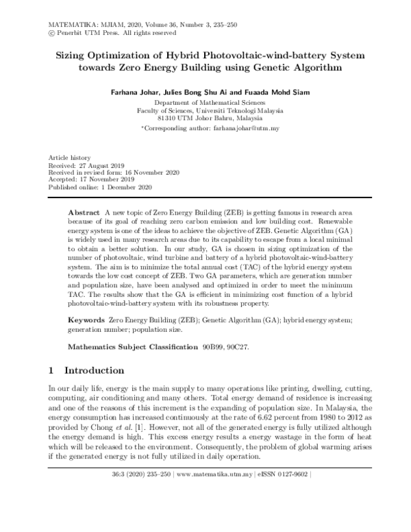 Pdf Sizing Optimization Of Hybrid Photovoltaic Wind Battery System Towards Zero Energy
