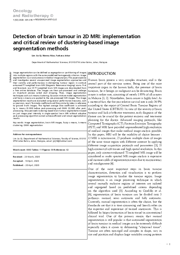 (PDF) Detection of brain tumour in 2D MRI: implementation and critical review of clustering ...