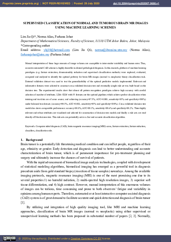 Pdf Supervised Classification Of Normal And Tumorous Brain Mr Images Using Machine Learning