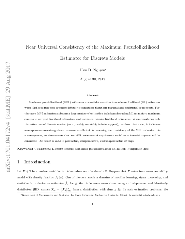 (PDF) Near universal consistency of the maximum pseudolikelihood estimator for discrete models