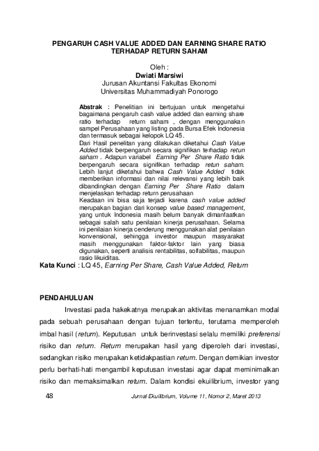 (PDF) Pengaruh Cash Value Added Dan Earning Share Ratio Terhadap Return Saham