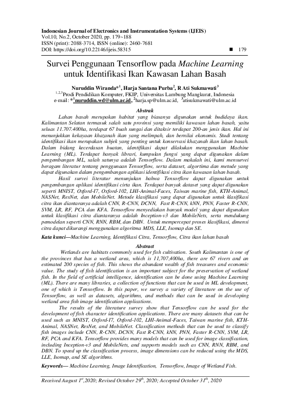 (PDF) Survei Penggunaan Tensorflow pada Machine Learning untuk Identifikasi Ikan Kawasan Lahan Basah