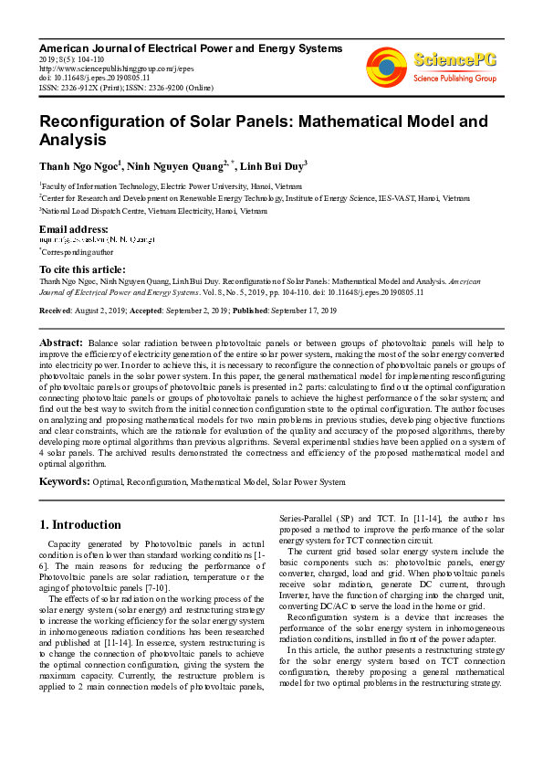 (PDF) Reconfiguration of Solar Panels: Mathematical Model and Analysis