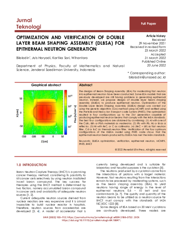 (PDF) Optimization and Verification of Double Layer Beam Shaping Assembly (Dlbsa) for Epithermal ...