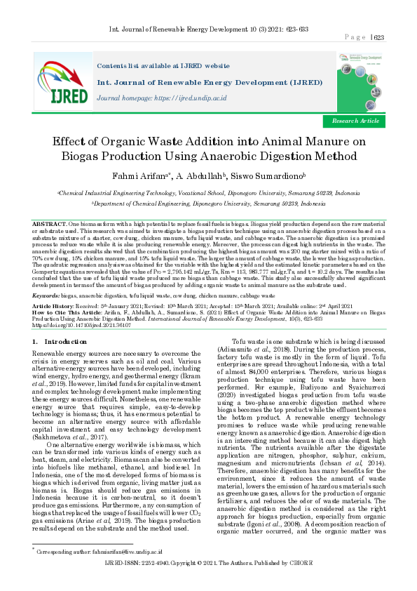 (PDF) Effect of Organic Waste Addition into Animal Manure on Biogas ...