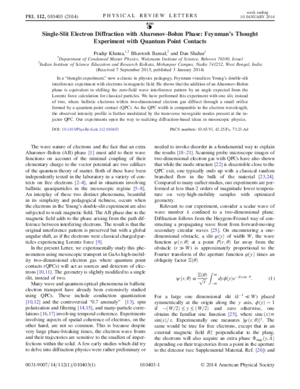 (PDF) Single-Slit Electron Diffraction with Aharonov-Bohm Phase: Feynman’s Thought Experiment ...