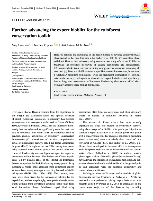 (PDF) Further advancing the expert bioblitz for the rainforest conservation toolkit