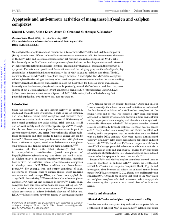 (PDF) Apoptosis and anti-tumour activities of manganese(iii)-salen and ...