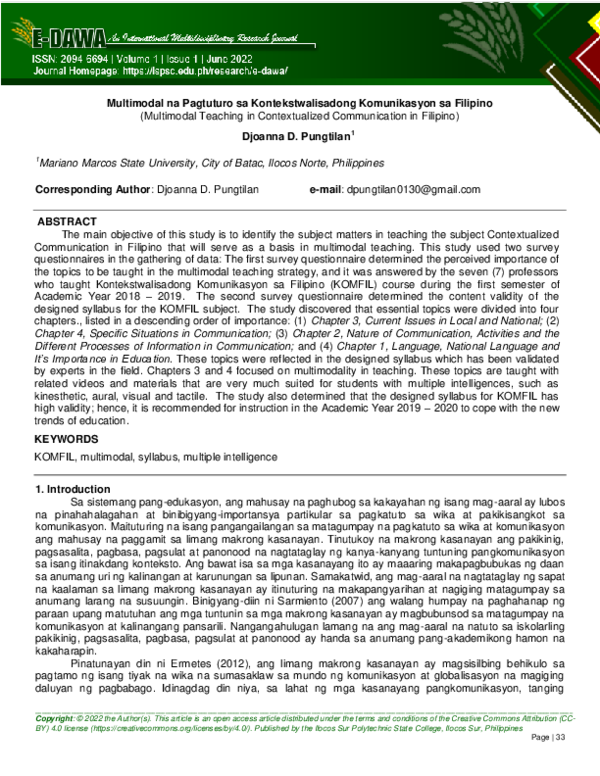 (PDF) Multimodal na Pagtuturo sa Kontekstwalisadong Komunikasyon sa ...