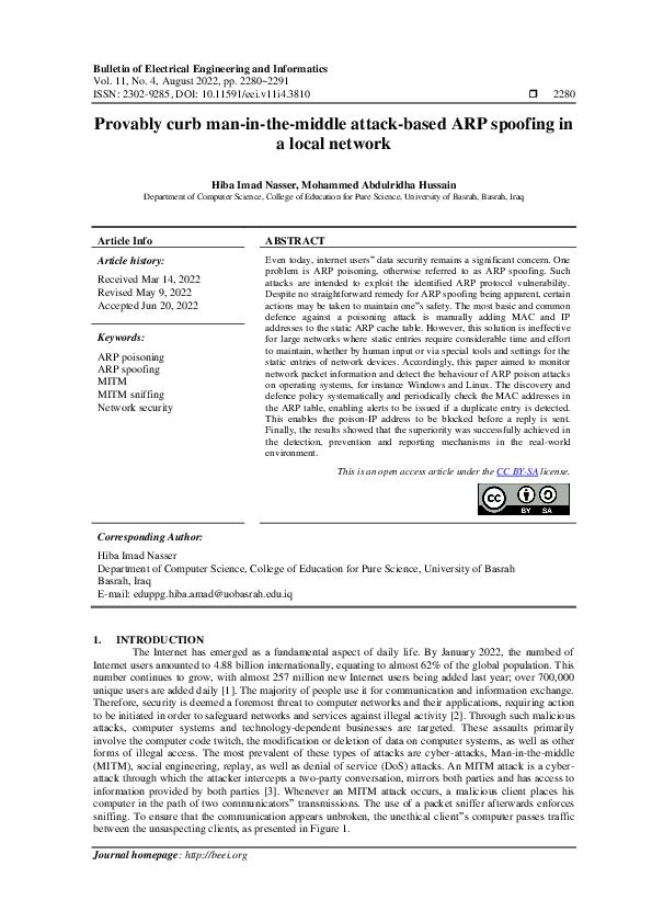 Pdf Provably Curb Man In The Middle Attack Based Arp Spoofing In A Local Network