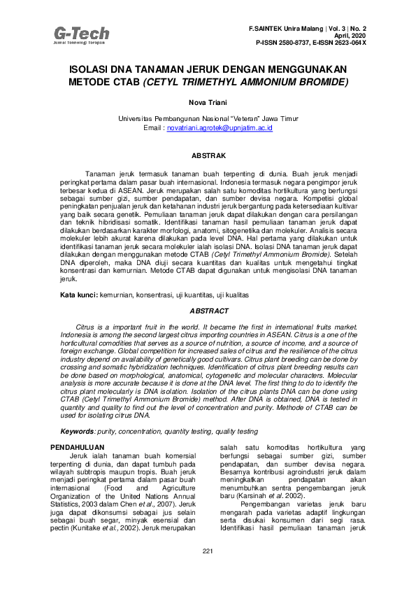 (PDF) Isolasi Dna Tanaman Jeruk Dengan Menggunakan Metode Ctab (Cetyl Trimethyl Ammonium Bromide)