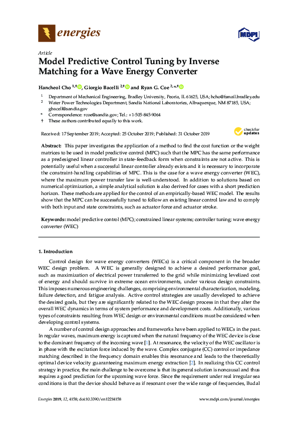 Pdf Model Predictive Control Tuning By Inverse Matching For A Wave Energy Converter