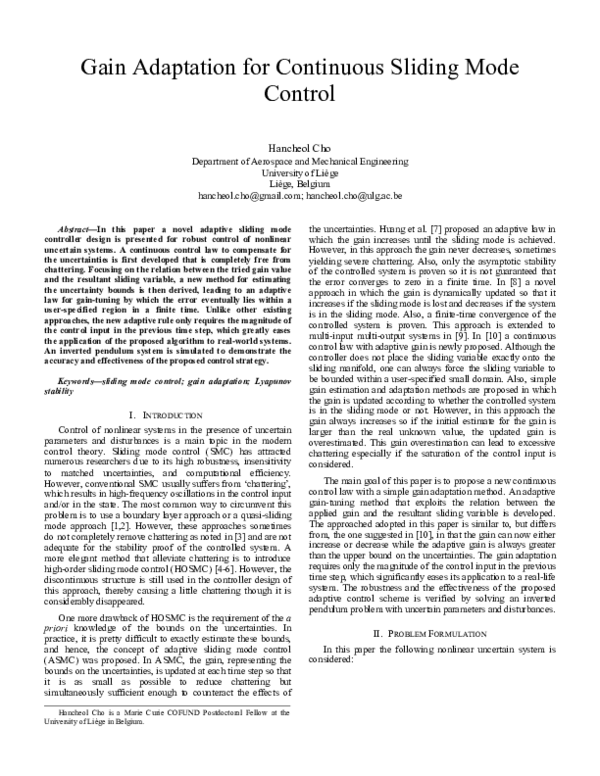 (PDF) Gain adaptation for continuous sliding mode control