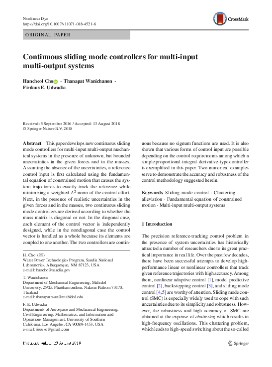 Pdf Continuous Sliding Mode Controllers For Multi Input Multi Output