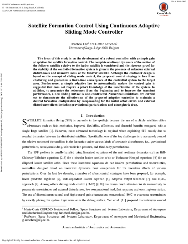 Pdf Satellite Formation Control Using Continuous Adaptive Sliding
