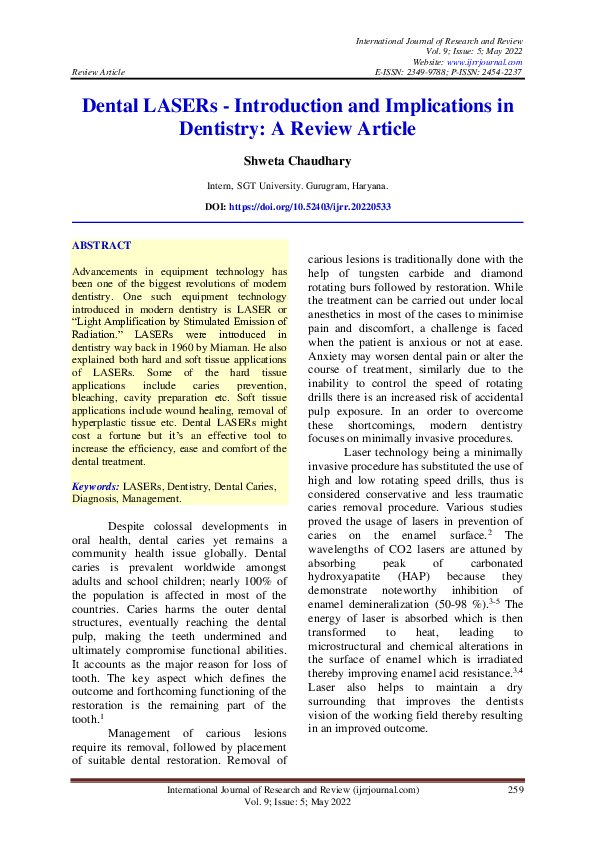 (PDF) Dental LASERs -Introduction and Implications in Dentistry: A ...
