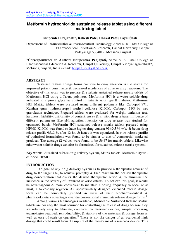 Pdf Metformin Hydrochloride Sustained Release Tablet Using Different Matrixing Tablet Dr