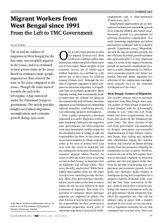 (PDF) Migrant Workers from West Bengal since 1991 From the Left to TMC ...
