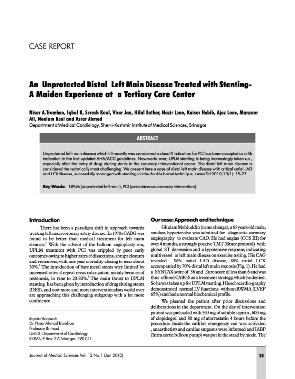 (PDF) An Unprotected Distal Left Main Disease Treated with Stenting- A ...
