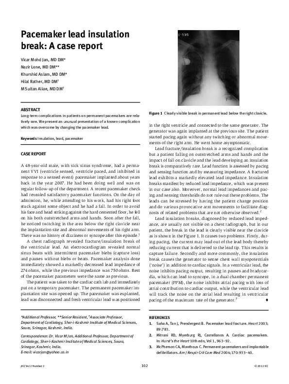 (PDF) Pacemaker lead insulation break: A case report | Nazir Lone ...