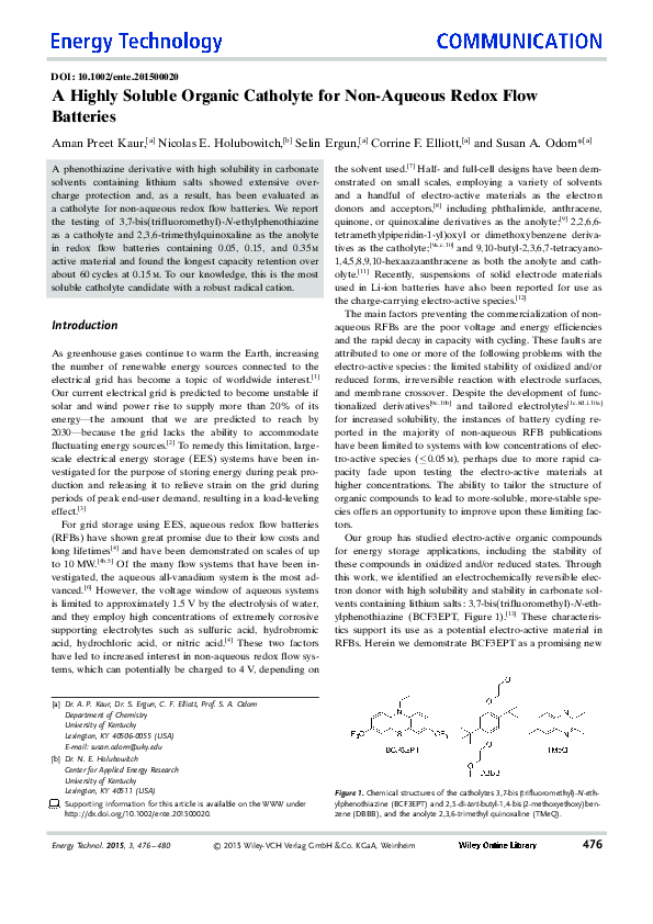 (PDF) A Highly Soluble Organic Catholyte for Non-Aqueous Redox Flow ...