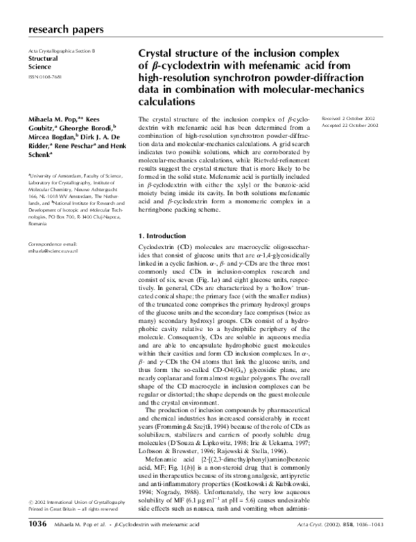 Crystal structure of the inclusion complex of β-cyclodextrin with mefenamic acid from high ...