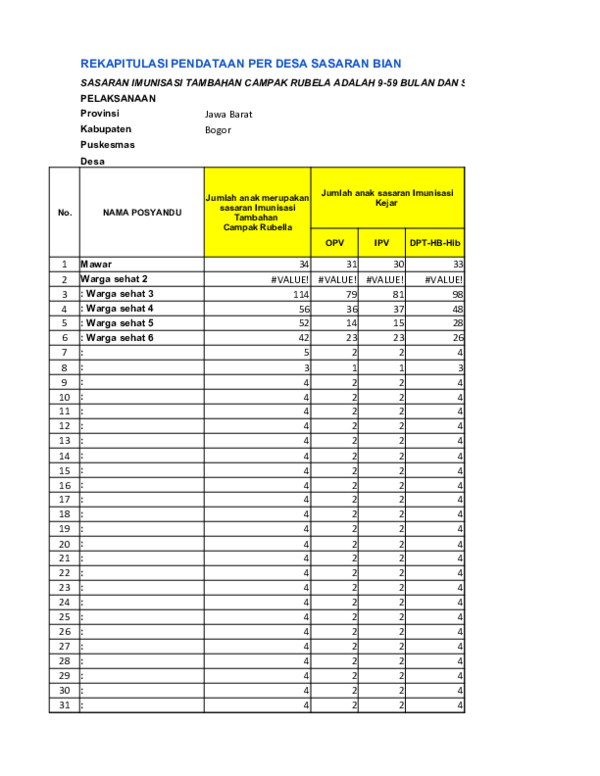 (XLS) Format Pendataan bagi Bidan Desa Ws