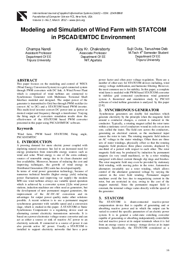 Pdf Modeling And Simulation Of Wind Farm With Statcom In Pscademtdc