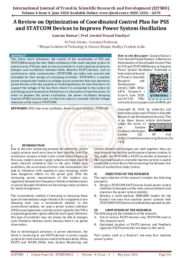 Pdf A Review On Optimization Of Coordinated Control Plan For Pss And Statcom Devices To
