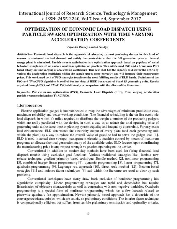 (PDF) Optimization of Economic Load Dispatch Using Particle Swarm Optimization with Time Varying ...
