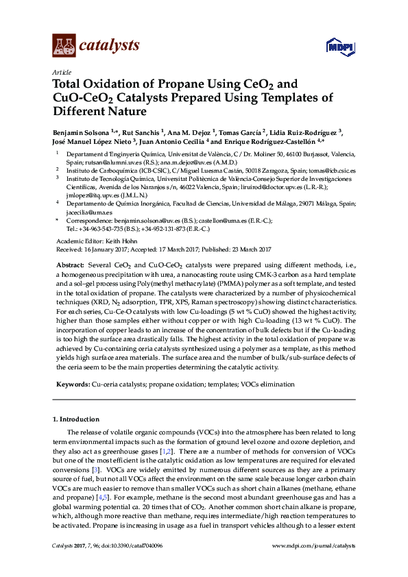 (PDF) Total Oxidation of Propane Using CeO2 and CuO-CeO2 Catalysts ...