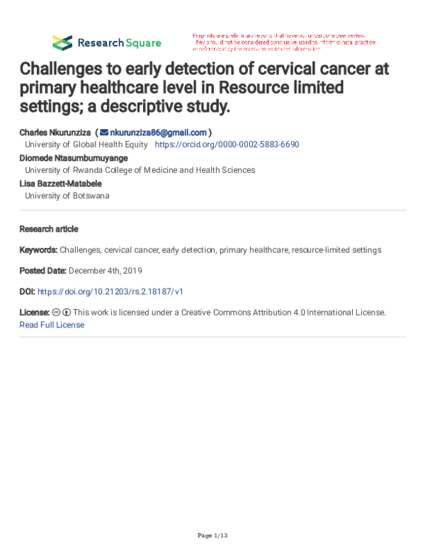 (PDF) Challenges to early detection of cervical cancer at primary ...