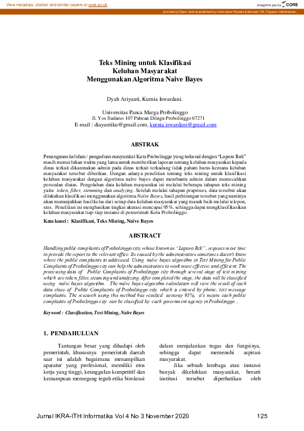 (PDF) Teks Mining untuk Klasifikasi Keluhan Masyarakat Menggunakan ...