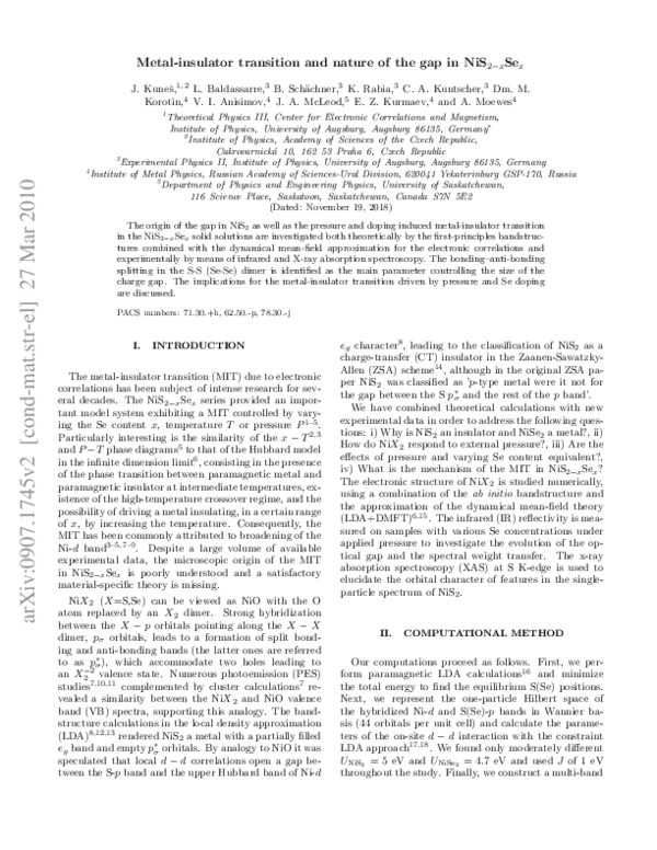 (PDF) Metal-insulator transition in NiS_{2−x}Se_{x}