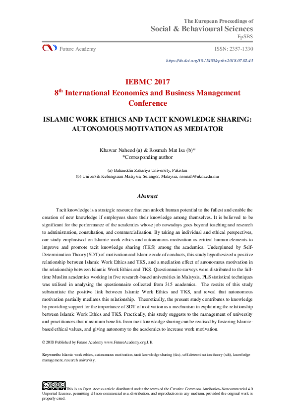 (PDF) Islamic Work Ethics And Tacit Knowledge Sharing: Autonomous ...
