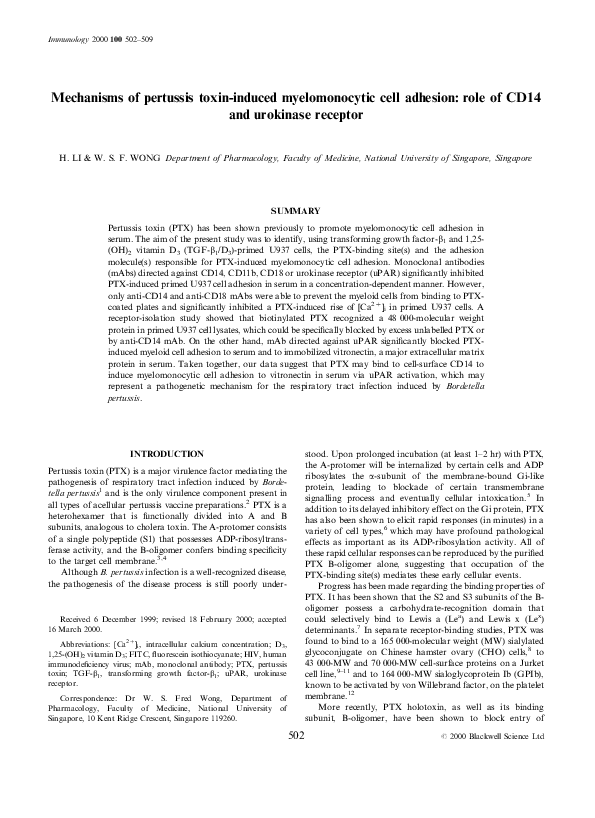 (PDF) Mechanisms of pertussis toxin-induced myelomonocytic cell adhesion: role of CD14 and ...