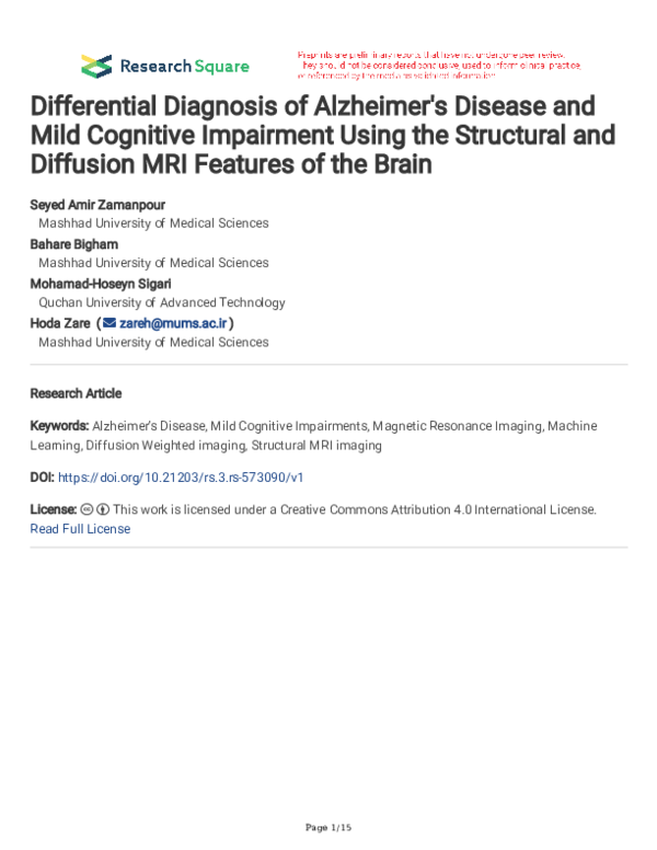 (PDF) Differential Diagnosis of Alzheimer's Disease and Mild Cognitive Impairment Using the ...