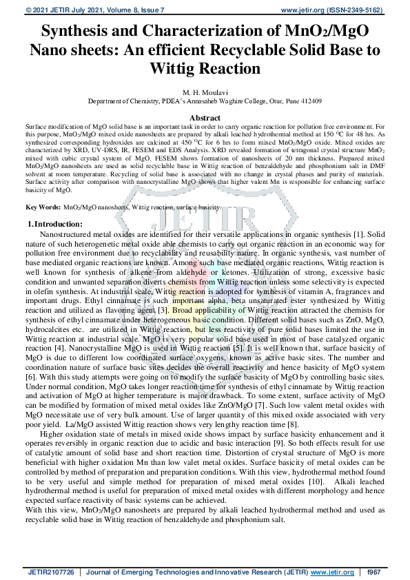 (PDF) Synthesis and Characterization of MnO2/MgO Nano sheets: An ...