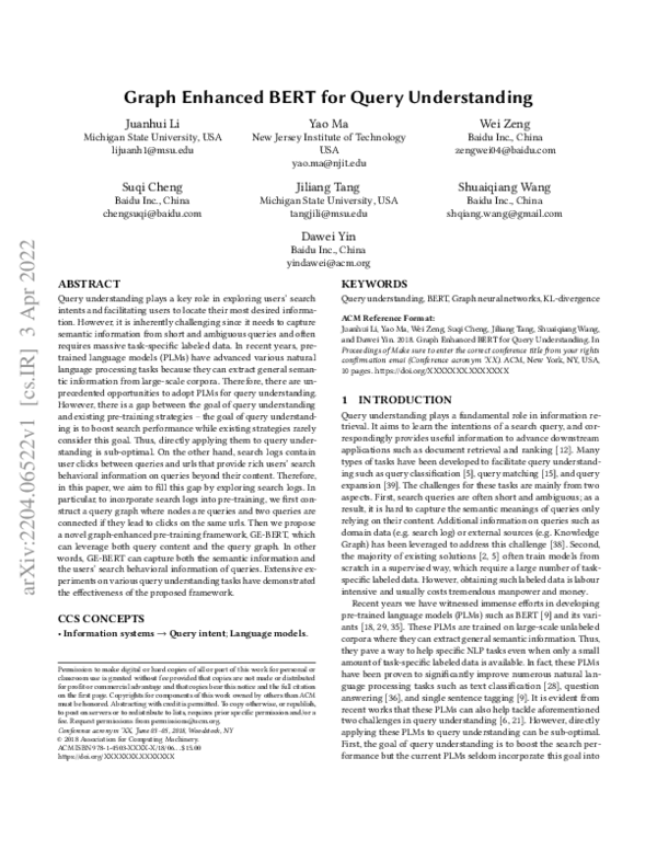 (PDF) Graph Enhanced BERT for Query Understanding