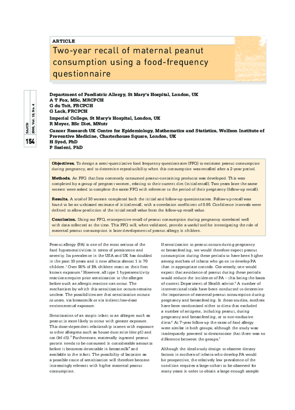 (PDF) Two-year recall of maternal peanut consumption using a food ...