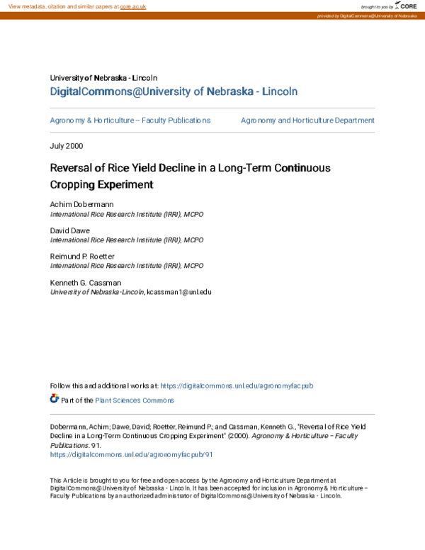 (PDF) Reversal of Rice Yield Decline in a Long‐Term Continuous Cropping ...