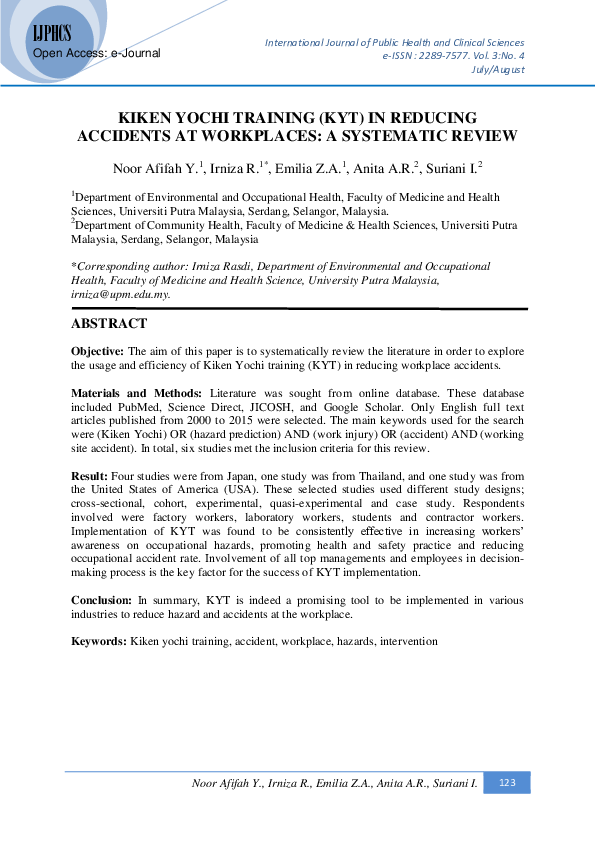 (PDF) Kiken Yochi Training (Kyt) in Reducing Accidents at Workplaces: A ...