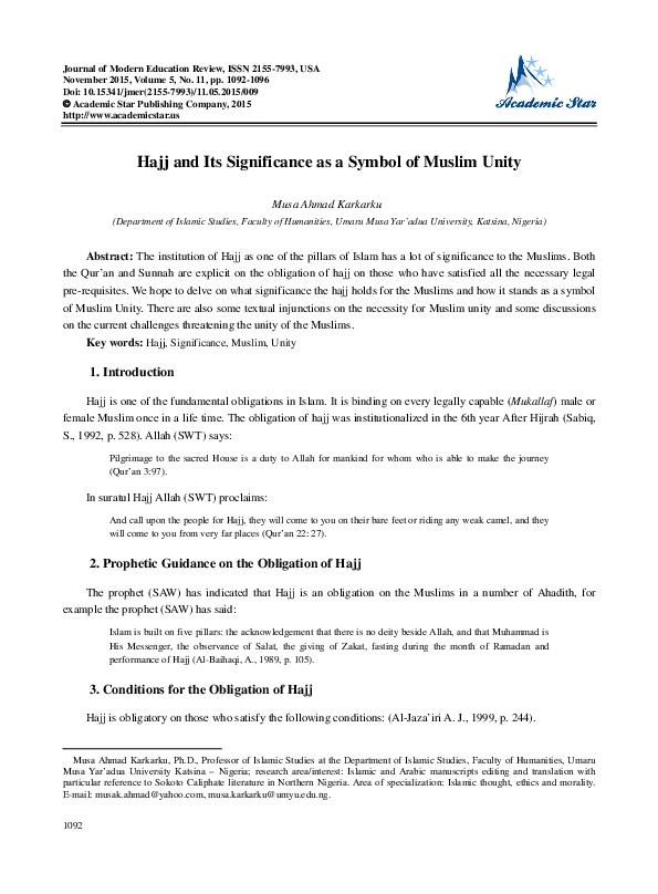 (PDF) Hajj and Its Significance as a Symbol of Muslim Unity