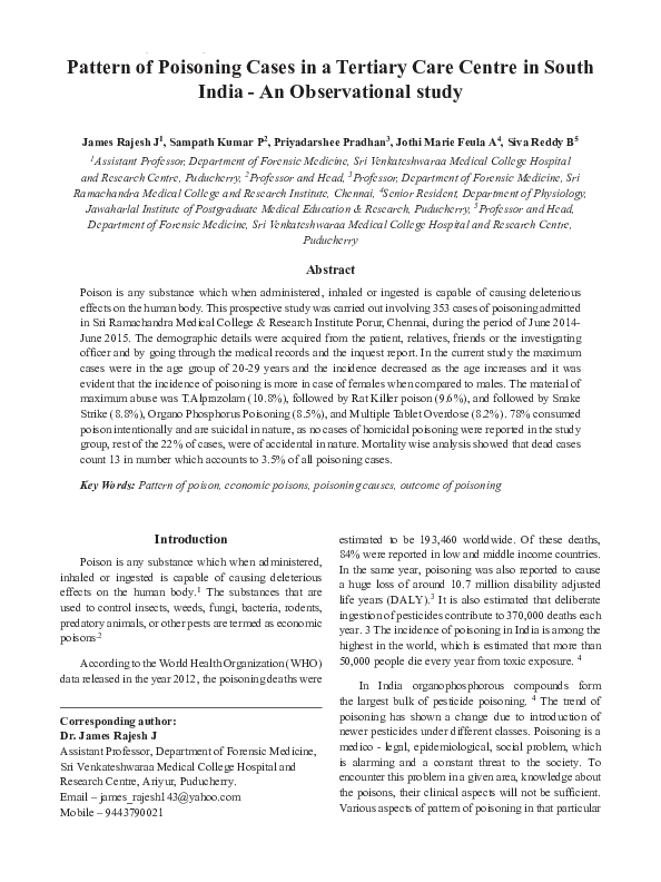 (PDF) Pattern of Poisoning Cases in a Tertiary Care Centre in South ...