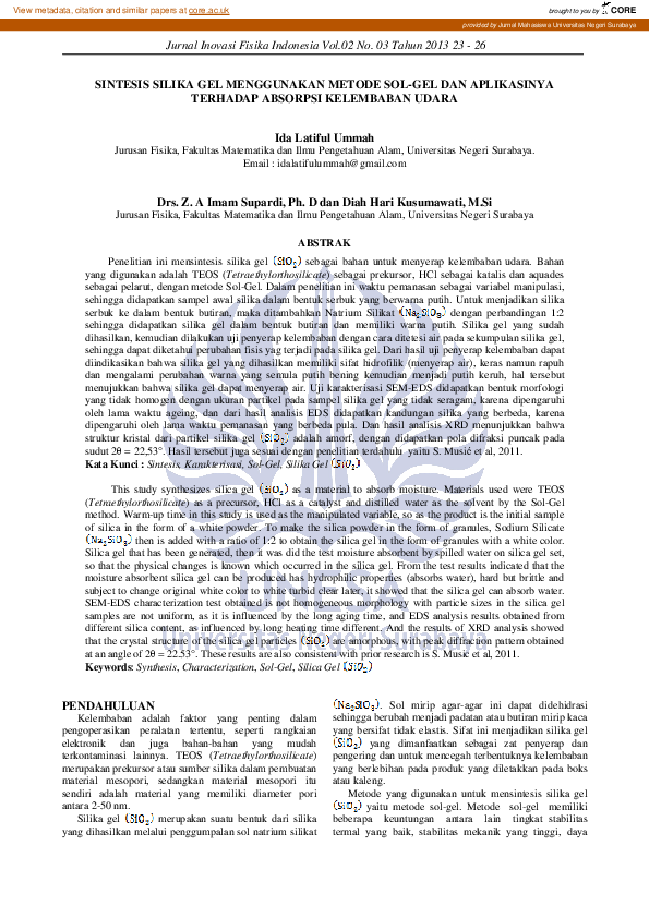 Pdf Sintesis Silika Gel Menggunakan Metode Sol Gel Dan Aplikasinya
