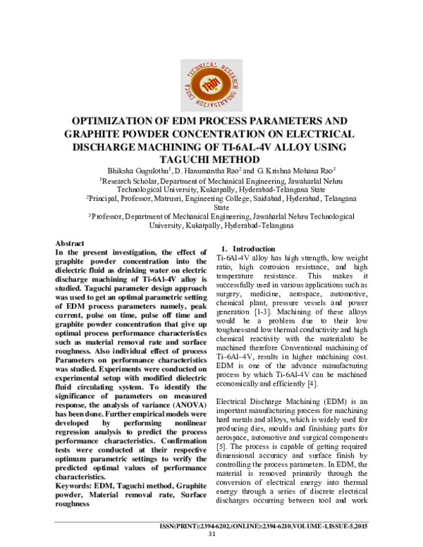 Pdf Optimization Of Edm Process Parameters And Graphite Powder Concentration On Electrical