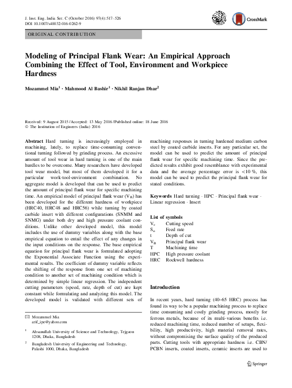 (PDF) Modeling of Principal Flank Wear: An Empirical Approach Combining ...
