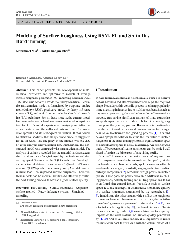 (PDF) Modeling of Surface Roughness Using RSM, FL and SA in Dry Hard Turning