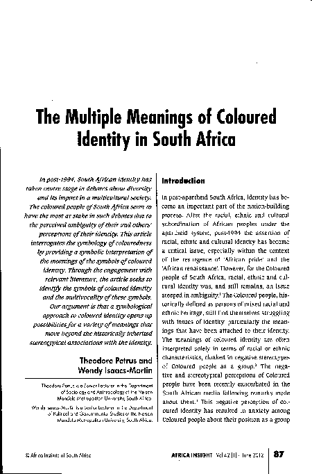 (PDF) The Multiple Meanings of Coloured Identity in South Africa